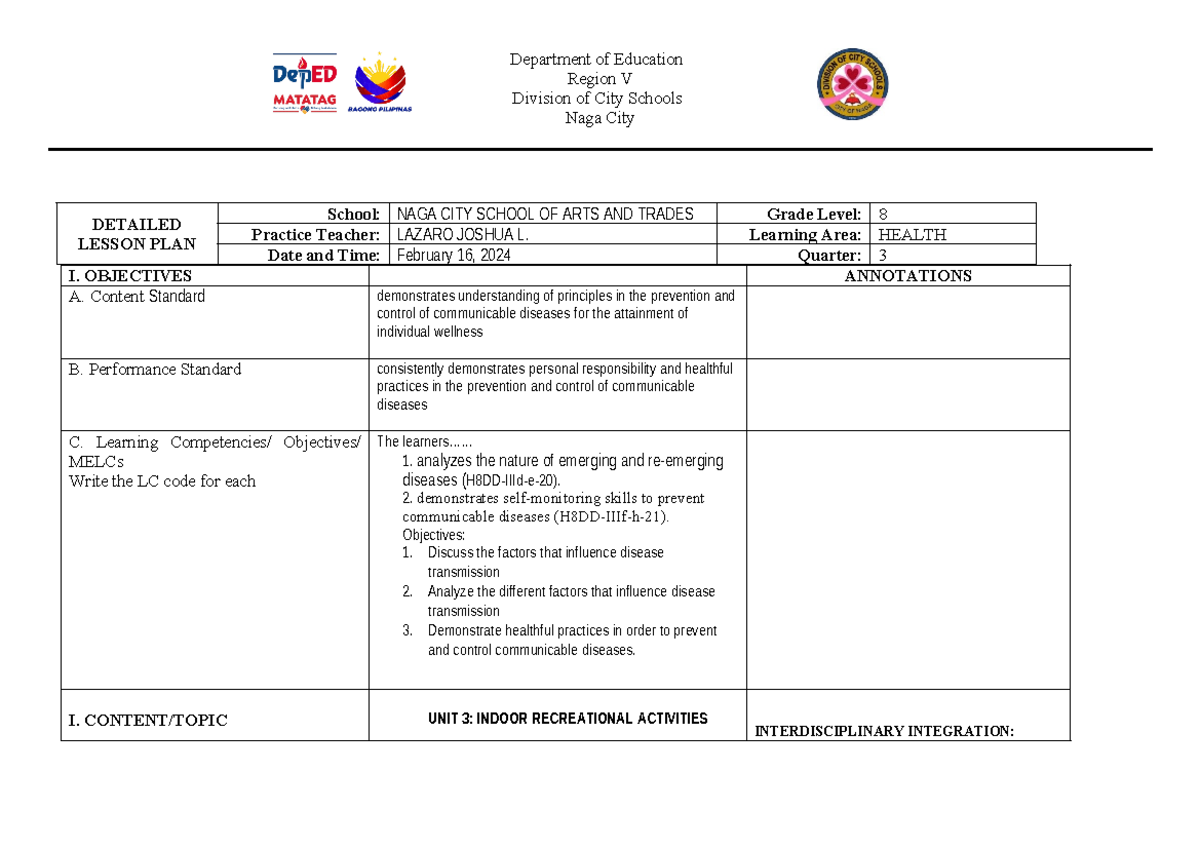 Grade 8 Health Lesson Plan on Communicable Disease Control (H8DD) - Studocu