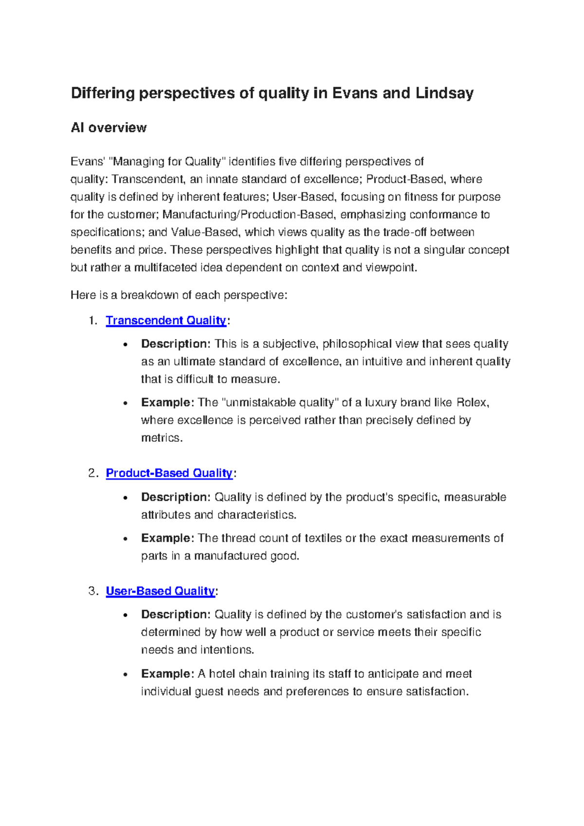 AI Overview: 5 Perspectives of Quality in Evans and Lindsay - Studocu