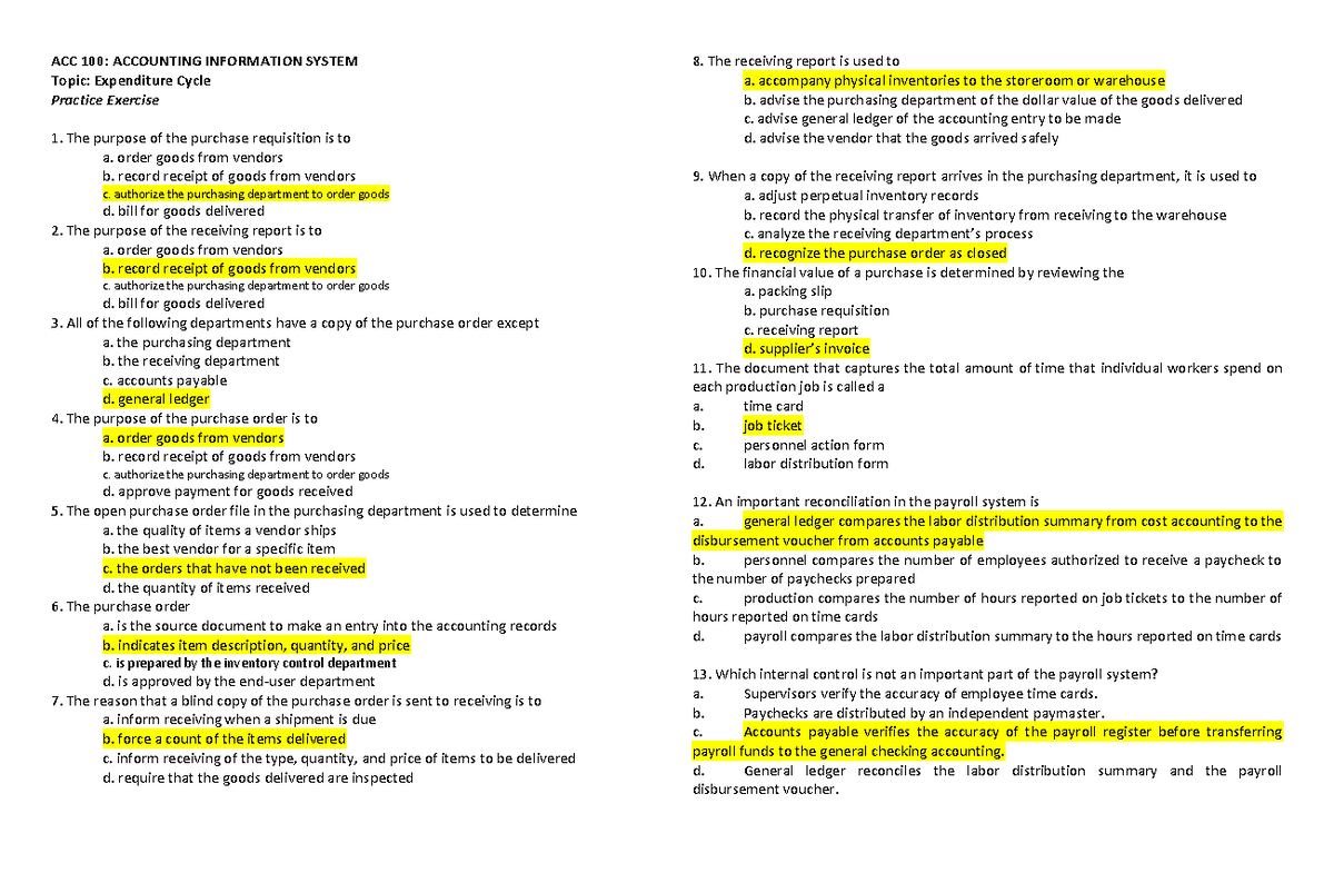 ACC 100: Expenditure Cycle Practice Exercise Review and Solutions - Studocu