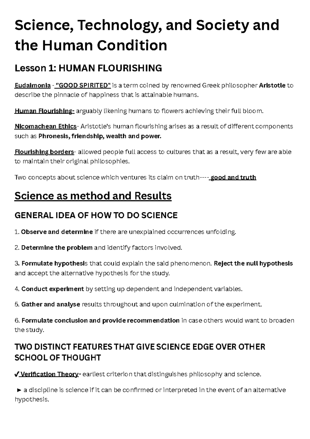 STT 101: Lesson 1 - Human Flourishing and the Science Method - Studocu