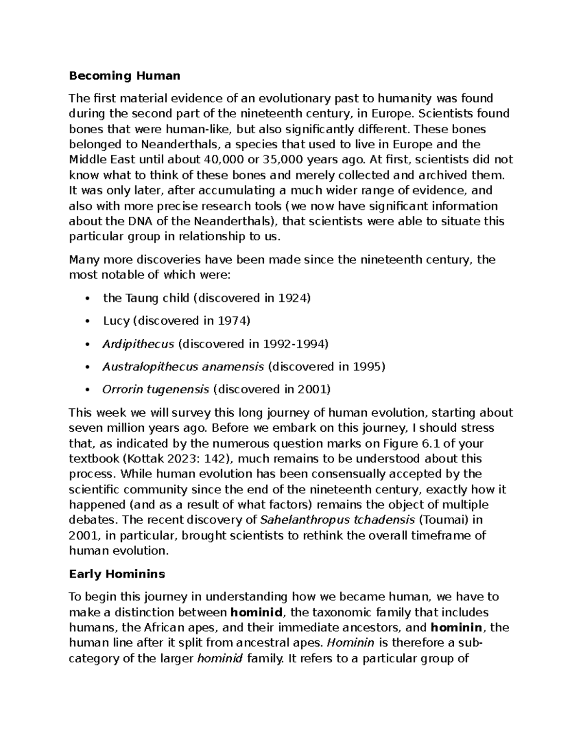 Human Evolution Overview: Early Hominins & Key Discoveries - Studocu