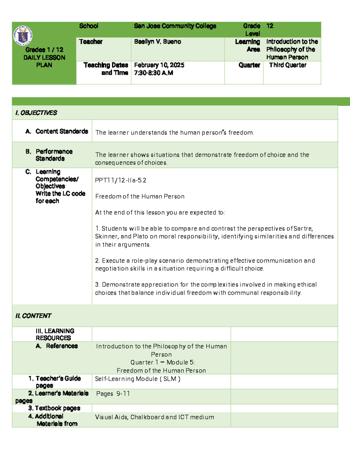 Module 5 Lesson 2 Freedom of the Human Person - Grades 1 / 12 DAILY ...