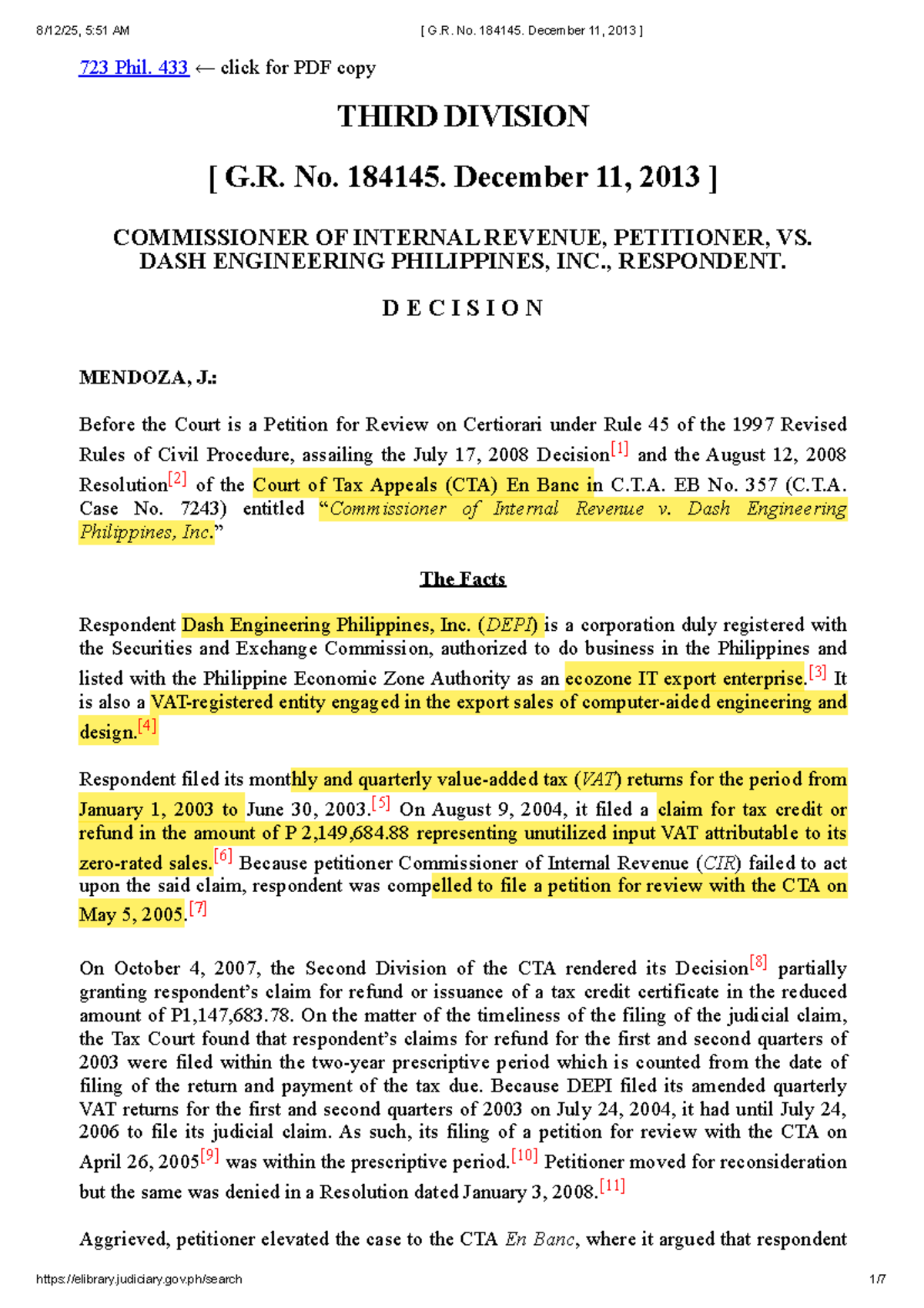 CIR v. Dash Engineering Philippines, Inc. G.R. No. 184145 Decision Analysis - Studocu