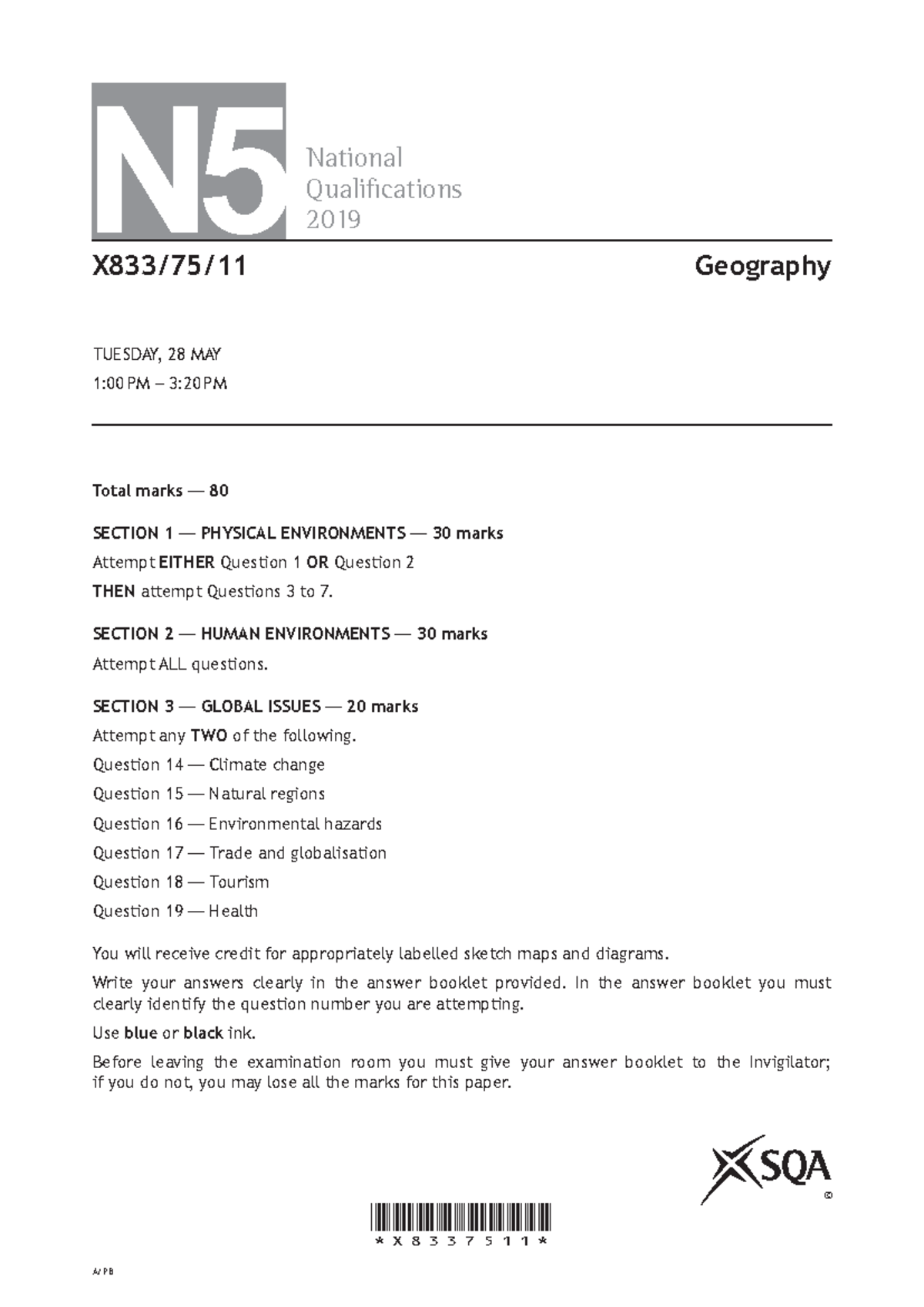 N5 2019 Question Paper 1 - X8337511 N © X833/75/11 National Quali ...