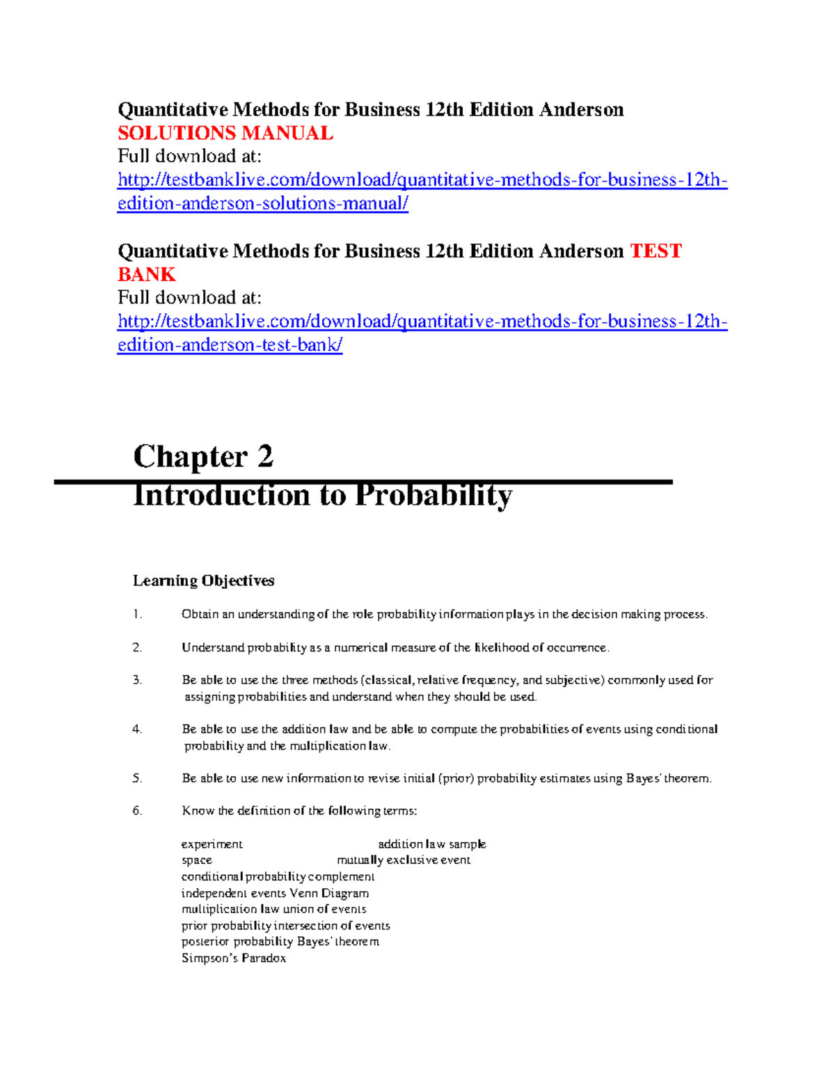 Quantitative Methods for Business 12th Edition Anderson Solutions ...