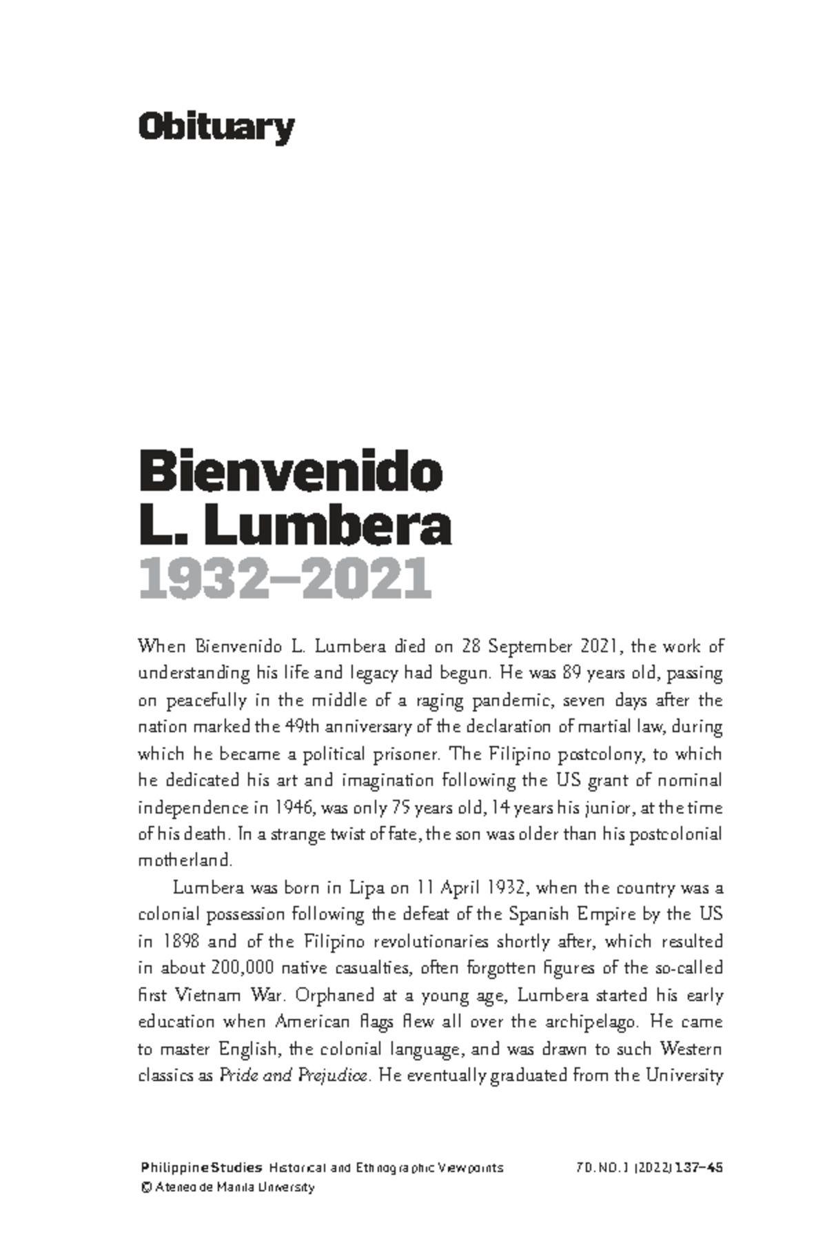 Bienvenido L. Lumbera: A Legacy of Philippine Literature (1932-2021) - Studocu