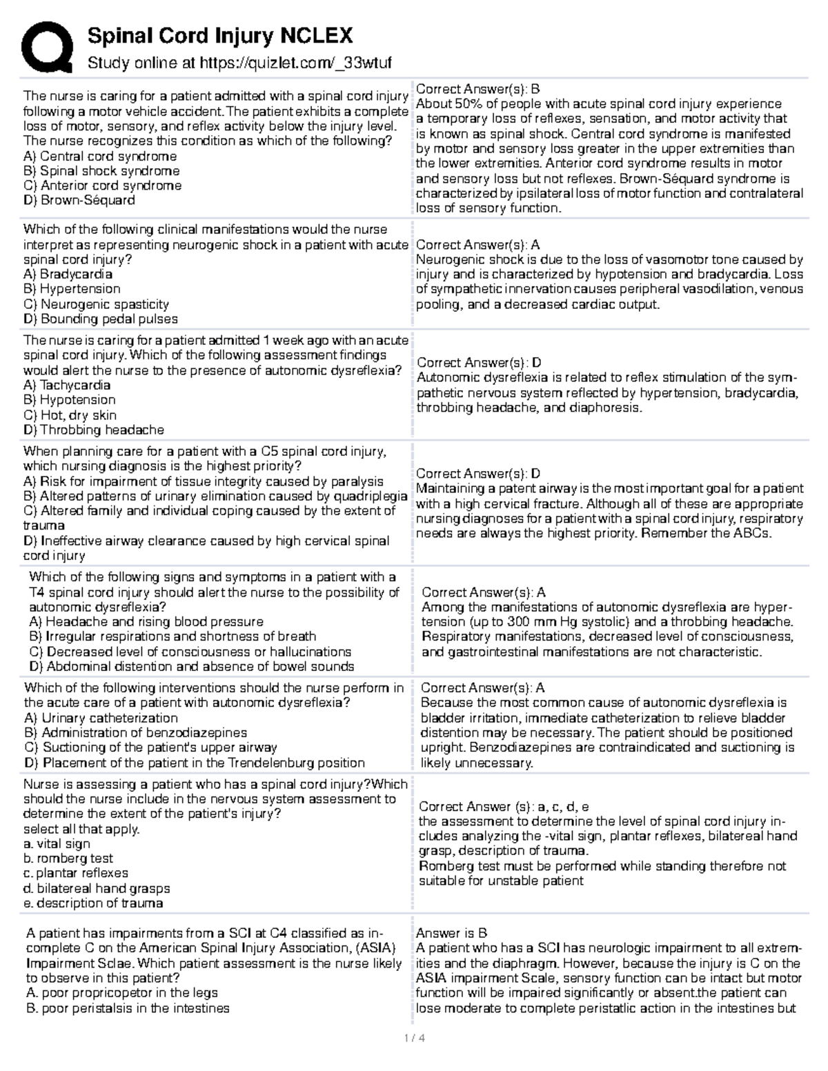 Spinal Cord Injury NCLEX: Key Concepts and Nursing Considerations - Studocu