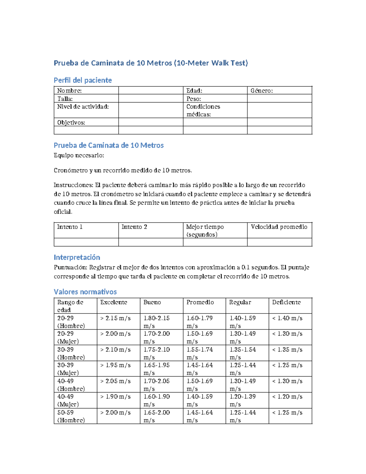 Prueba de Caminata de 10 Metros (10M Walk Test) - Perfil del Paciente ...