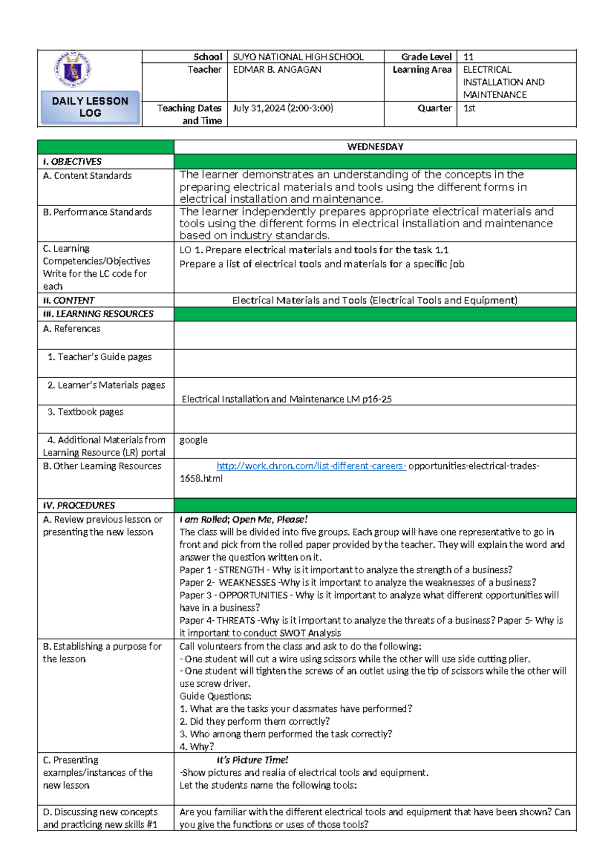 Basic Electrical Wiring Installation: Lesson Guide for DLL11 - Studocu
