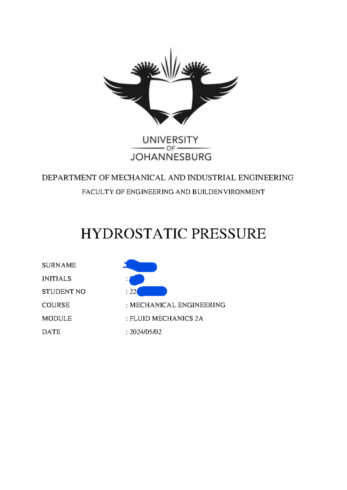 Hydrostatic Pressure Experiment Report - MECH ENG FLUID MECH 2A - Studocu