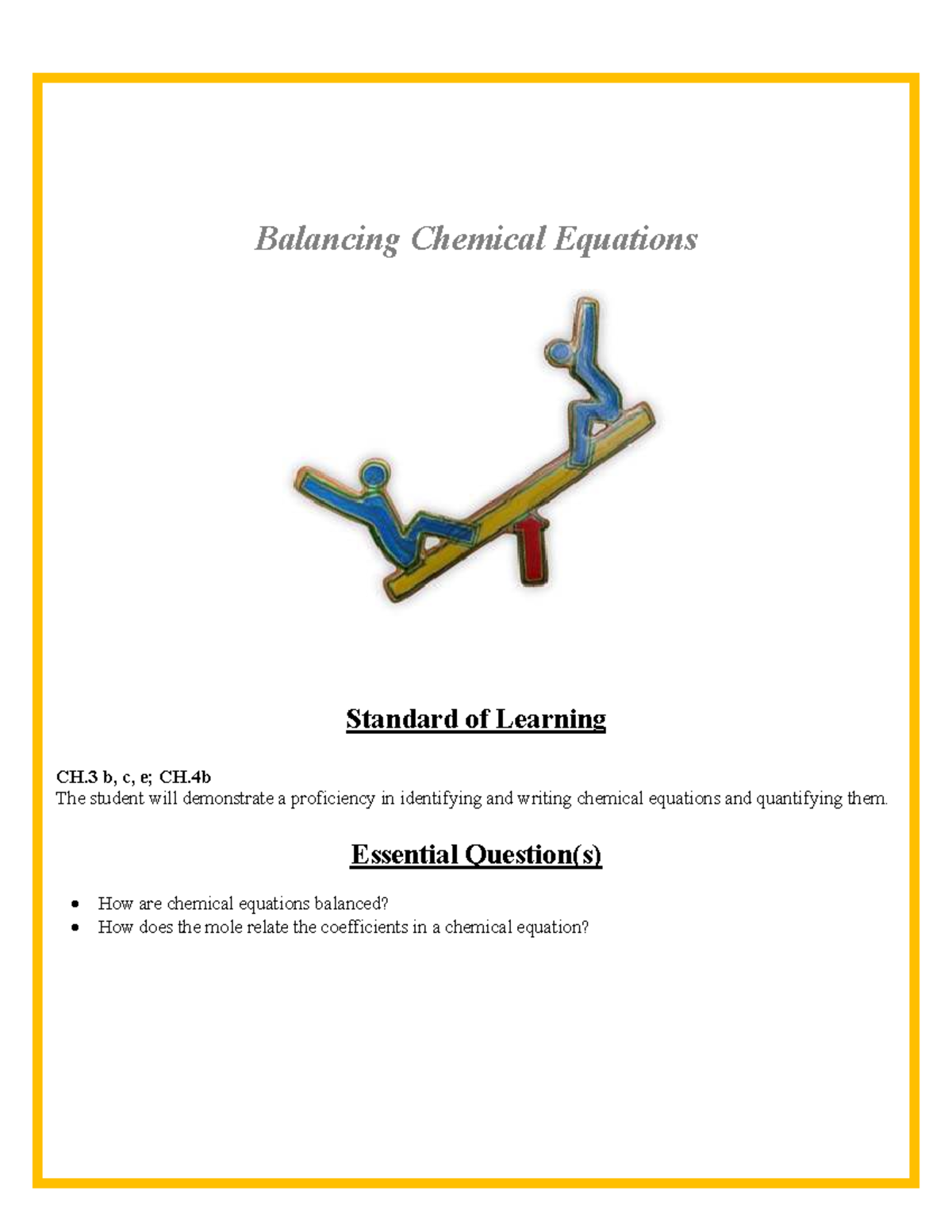 Balancing Chemical Equations Lesson Plan CH.3 b, c, CH.4b - Studocu