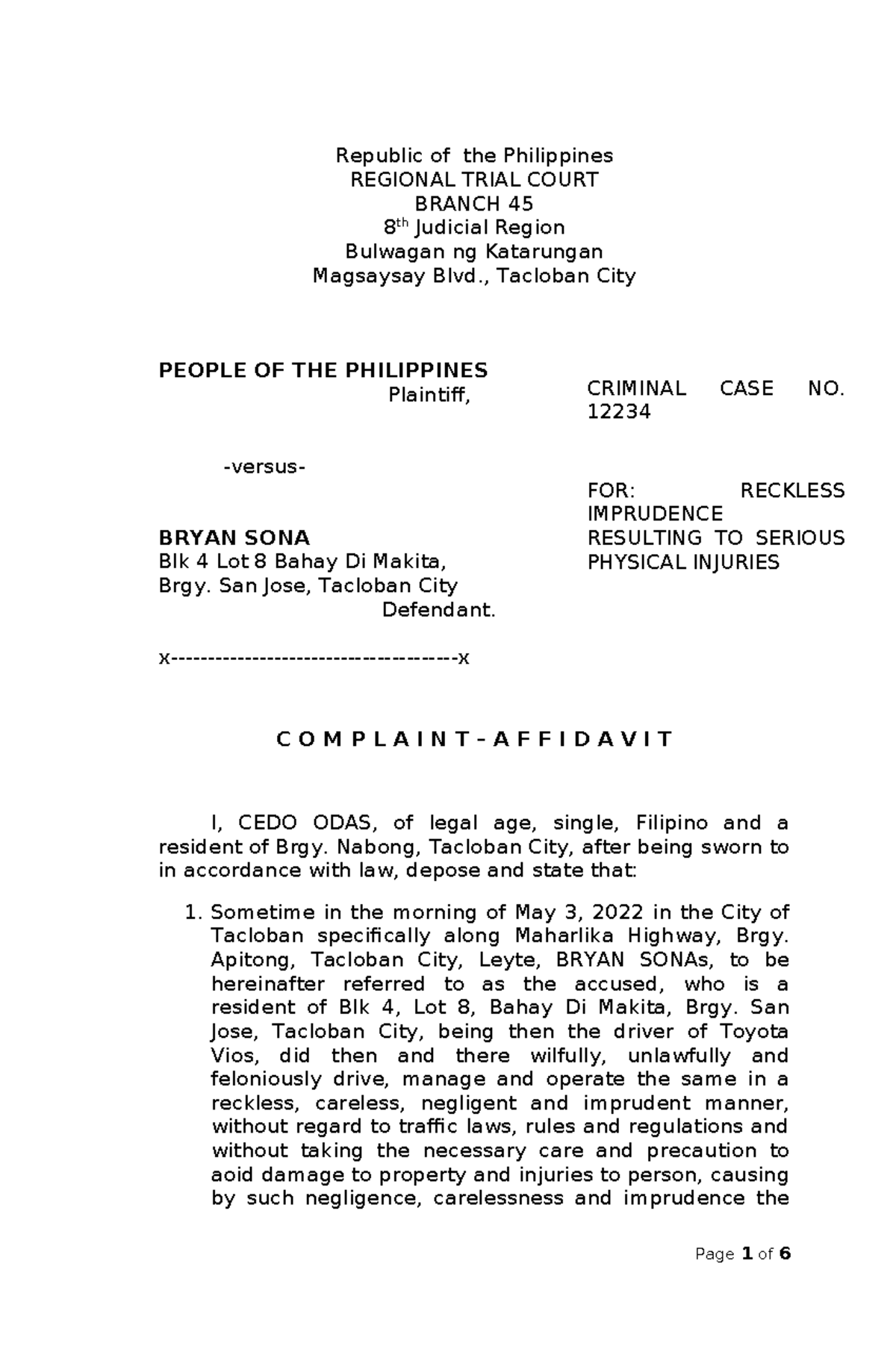 Complain for Reckless Imprudence Resulting in Physical Injuries - Studocu