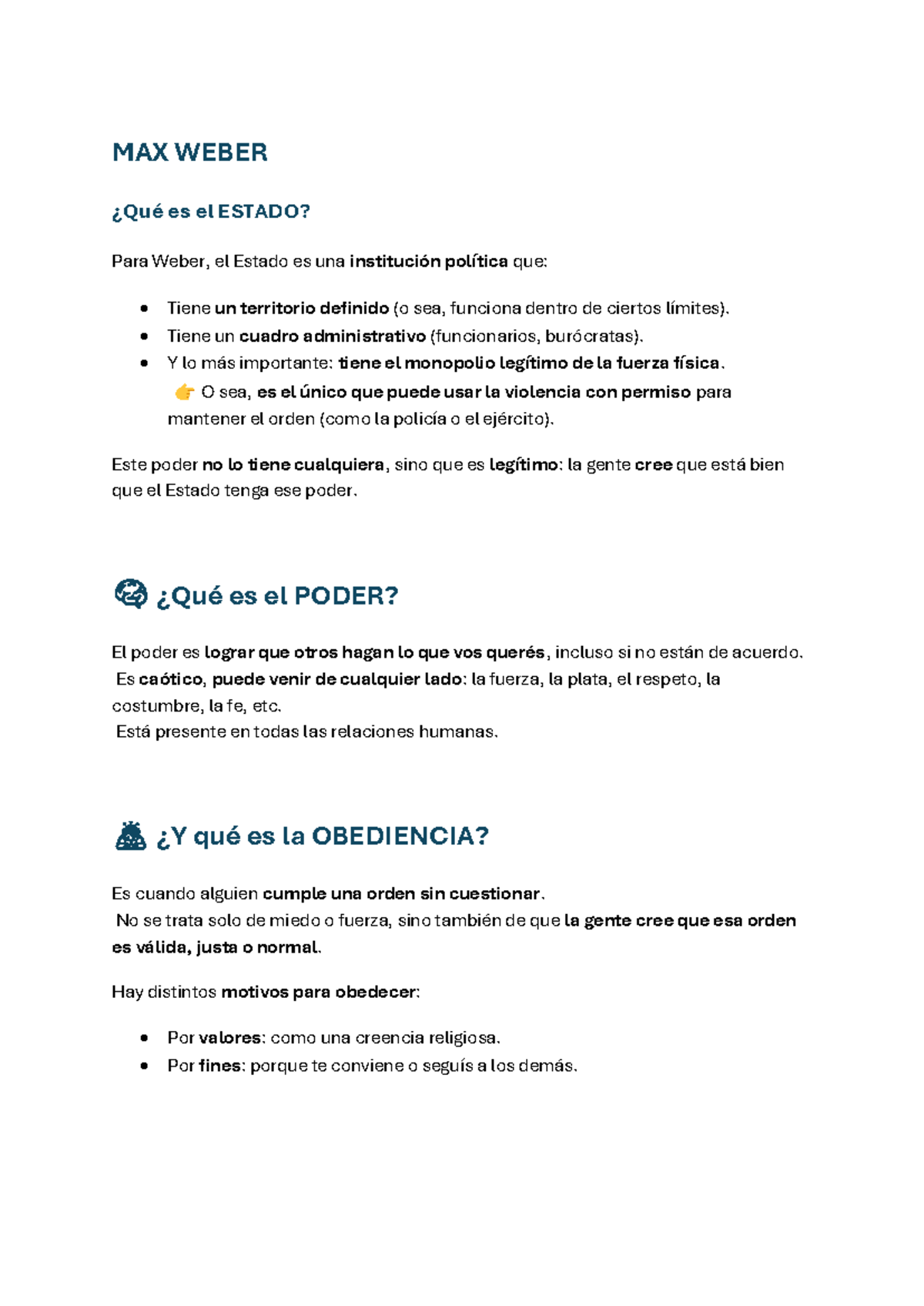 Resumen de Clase sobre MAX Weber: Estado, Poder y Dominación - Studocu