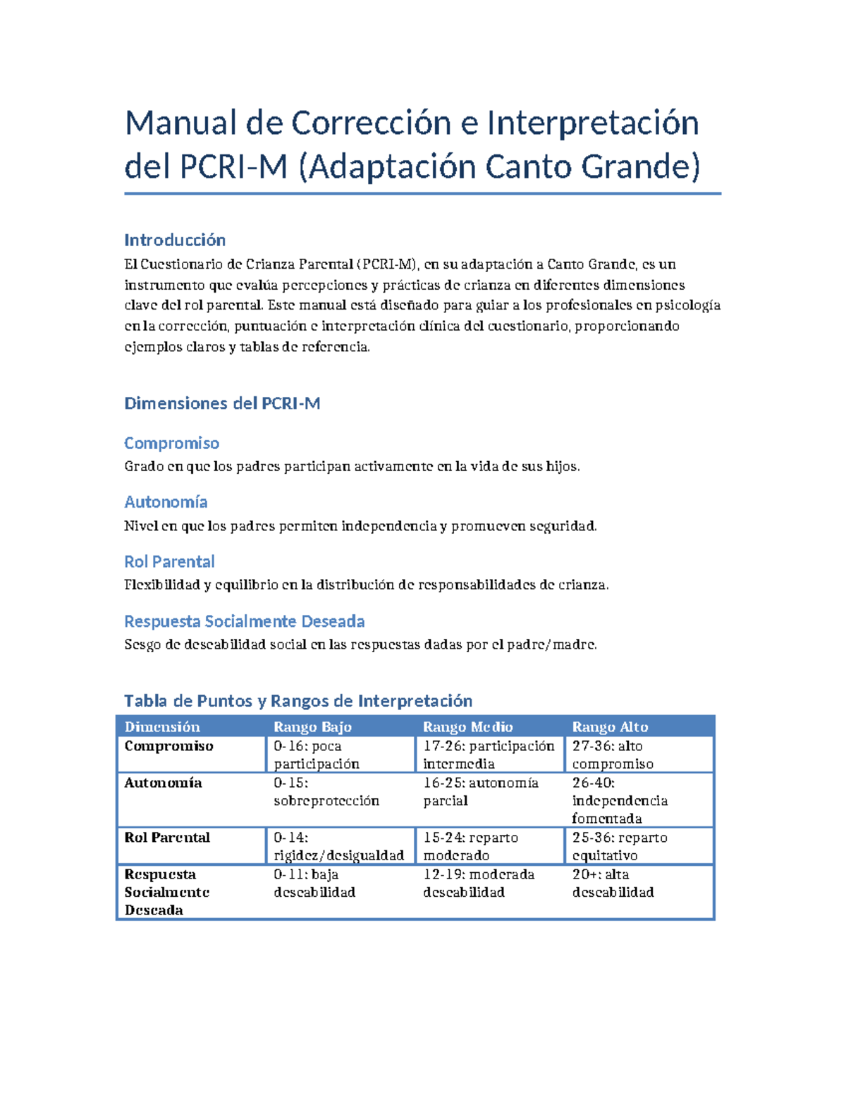 Manual de Corrección e Interpretación del PCRI-M Canto Grande - Studocu