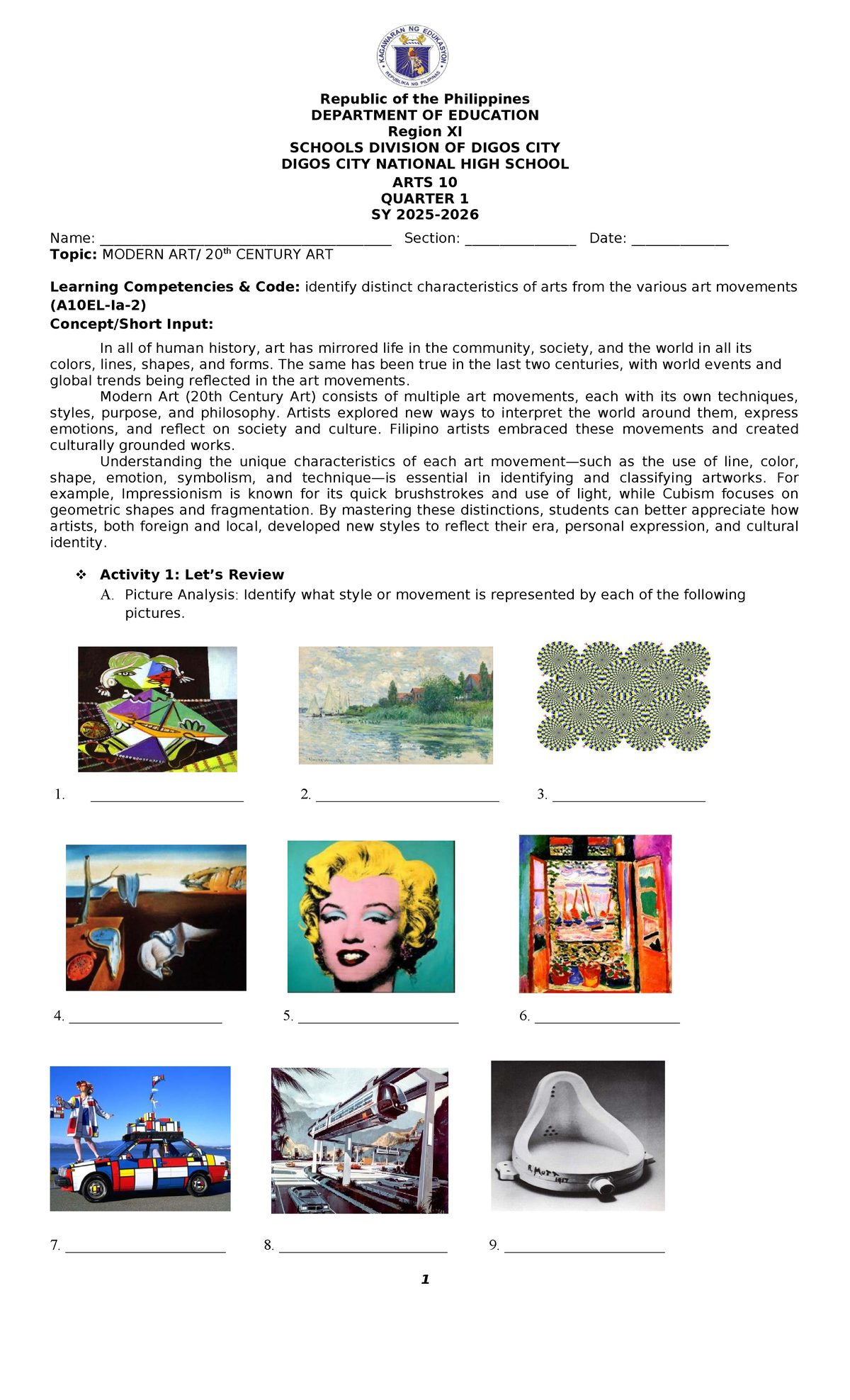ARTS 10: Modern 20th Century Art Overview and Activities - Studocu