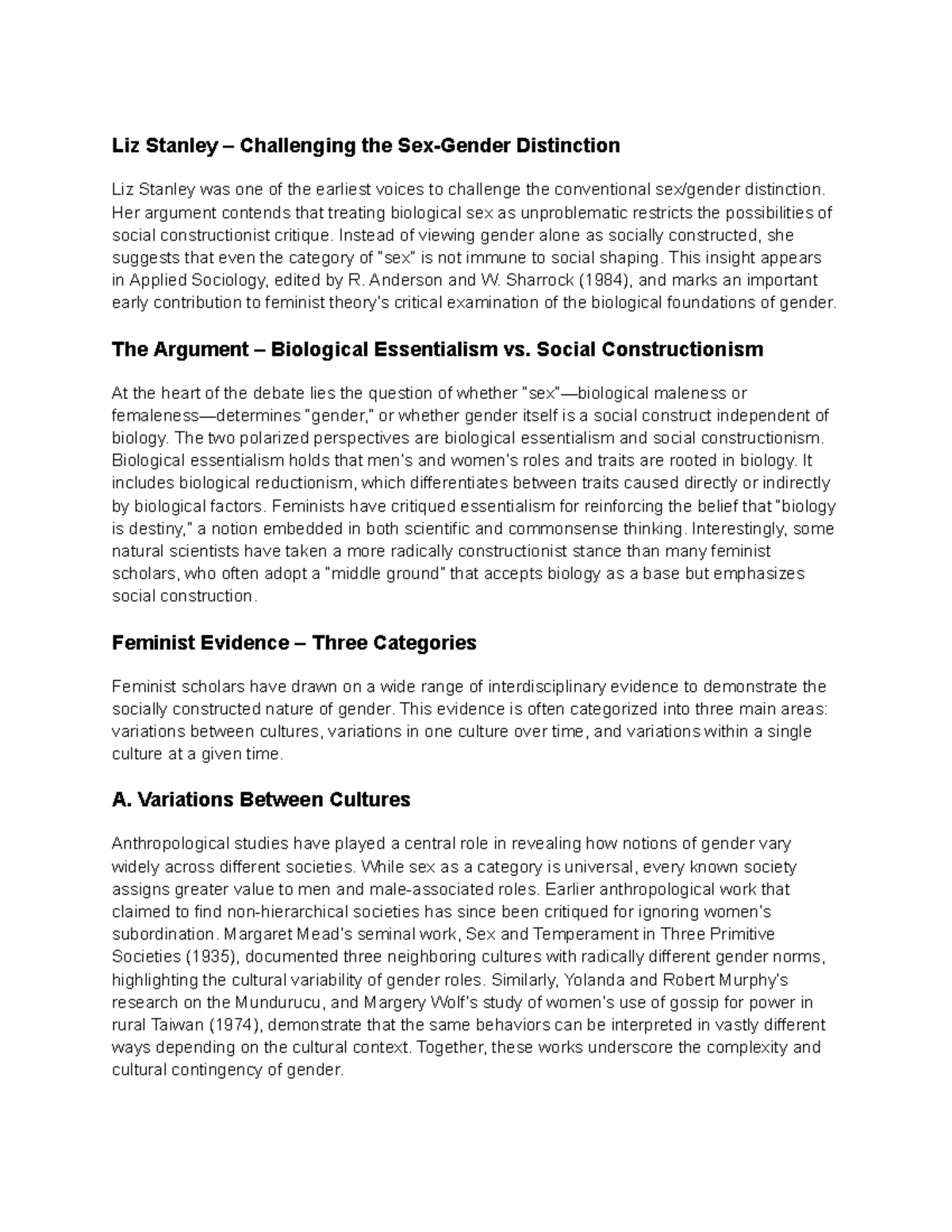 Feminist Perspective on Gender: Challenging Biological Essentialism in ...