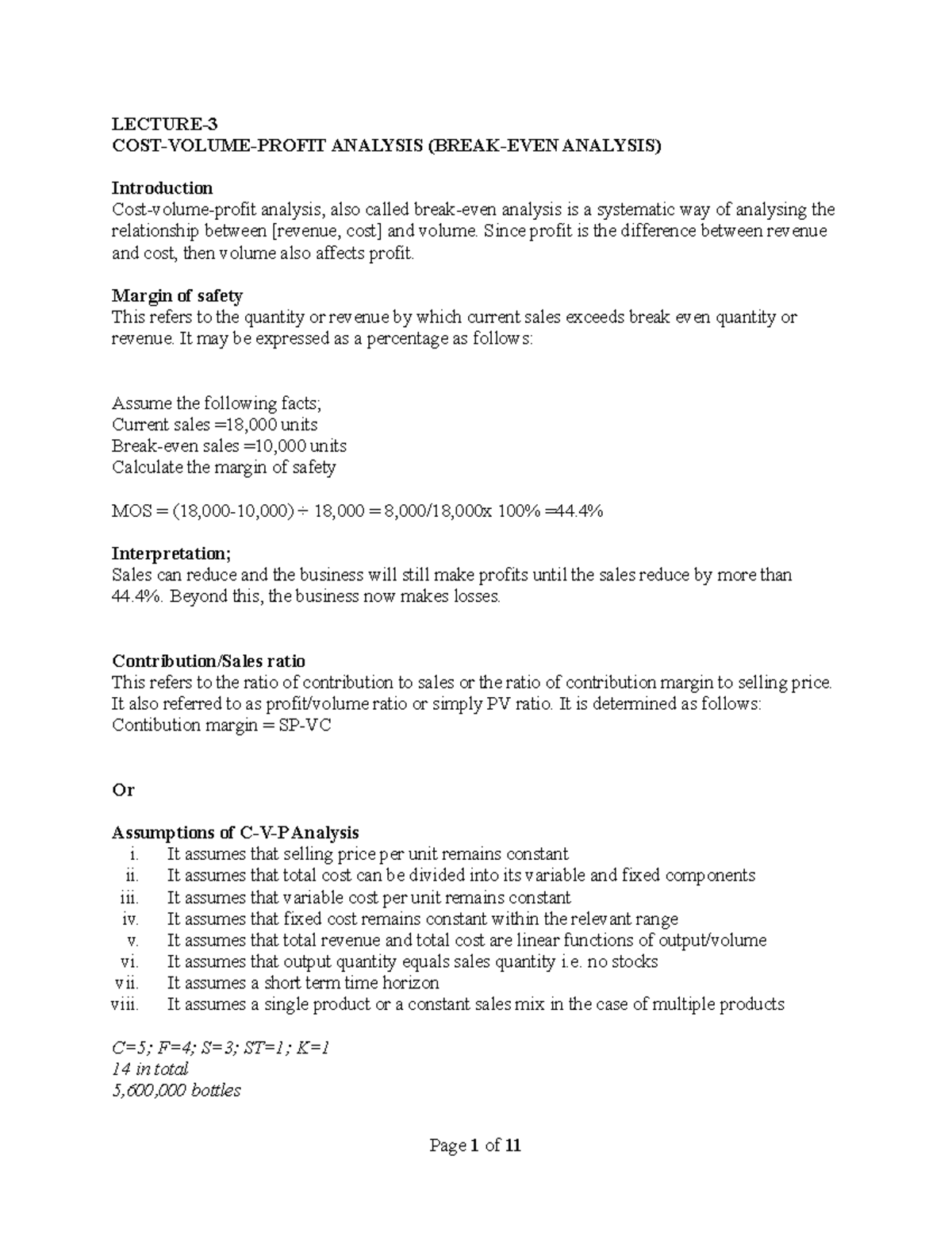 Lecture 3 - Cost-Volume-Profit Analysis & Break-Even Insights - Studocu
