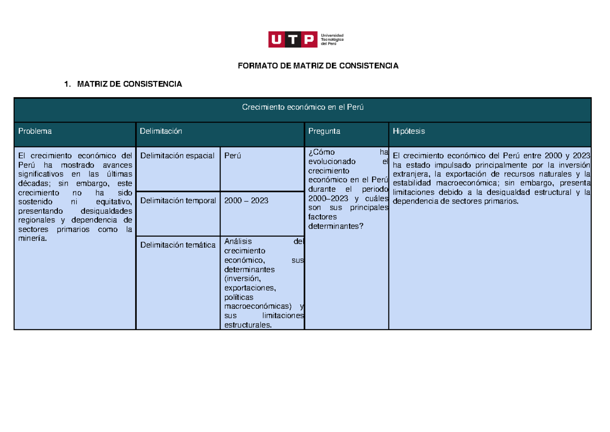Matriz de Consistencia: Crecimiento Económico en el Perú 2023 - Studocu