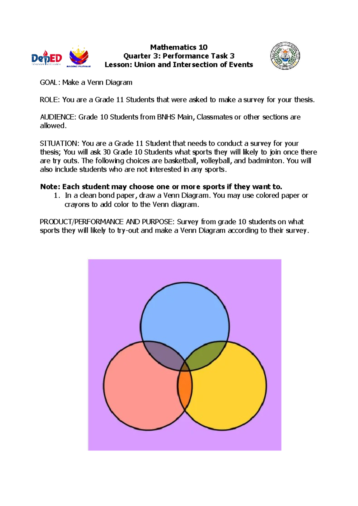 Mathematics 10 Q3: Performance Task 3 - Venn Diagram Survey on Sports ...