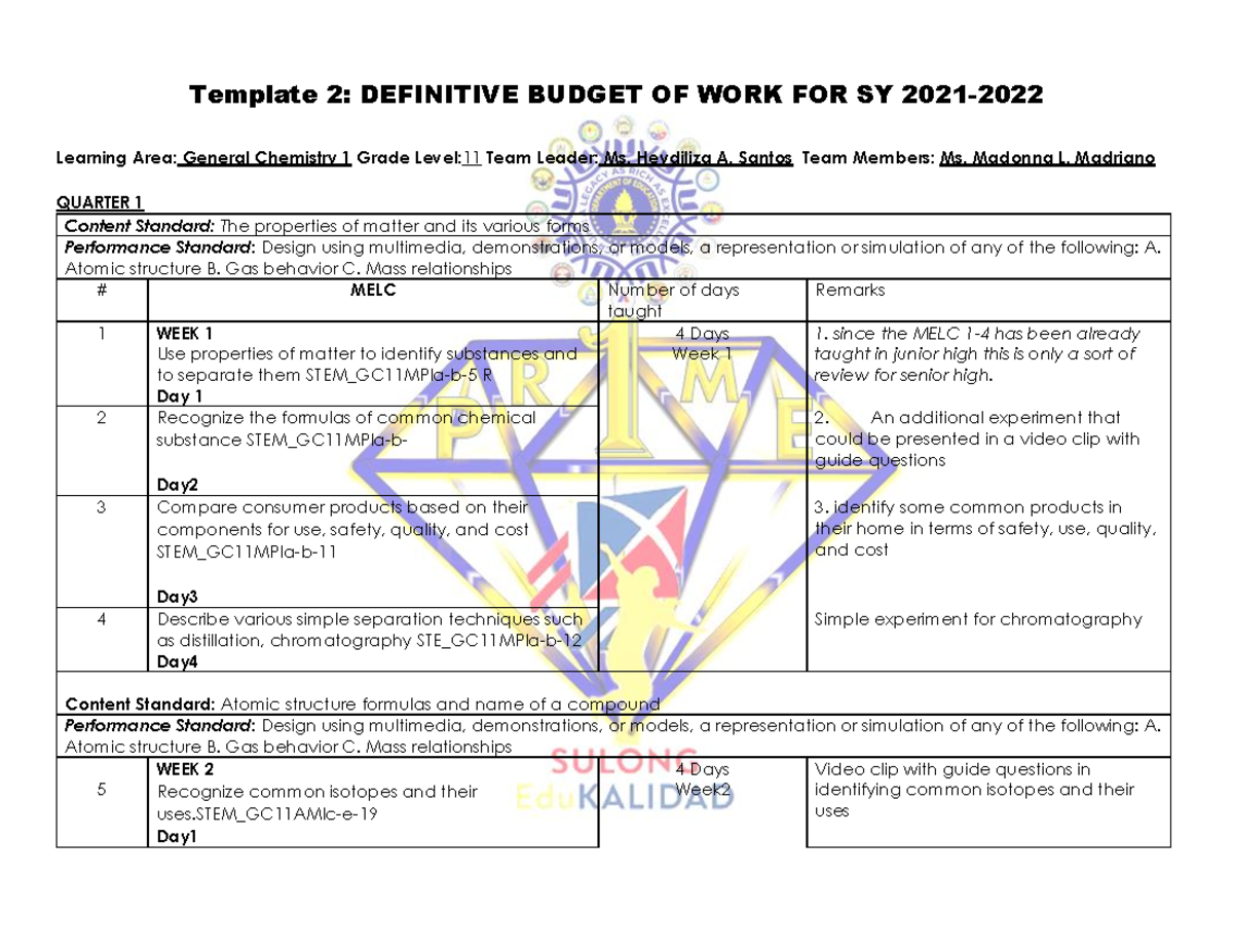 DBOW GEN-CHEM-1 - DETAILED WORK PLAN FOR SY 2021-2022 - Studocu