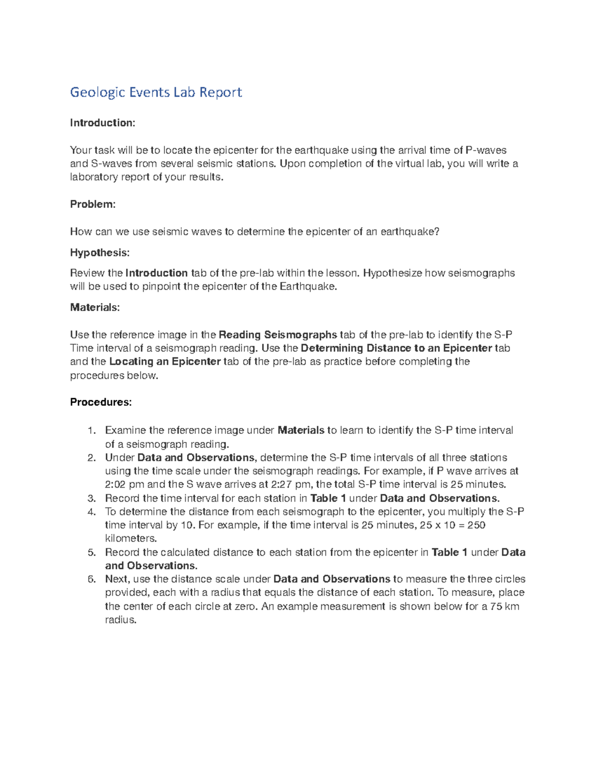Geologic Events Lab Report: Locating Earthquake Epicenters Using ...