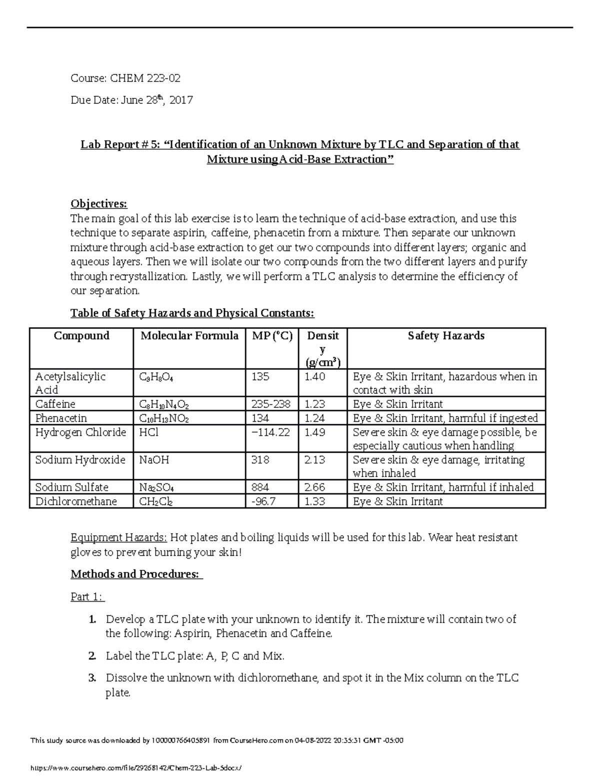 Chem 223 Lab 5 report - Course: CHEM 223- Due Date: June 28th, 2017 Lab ...