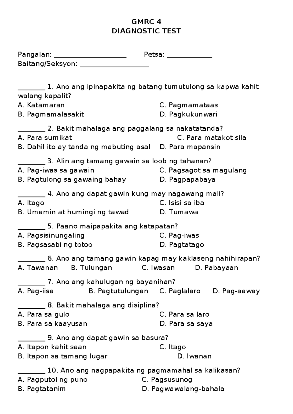 Grade 4 GMRC Diagnostic Test with Answer Key and Specifications - Studocu