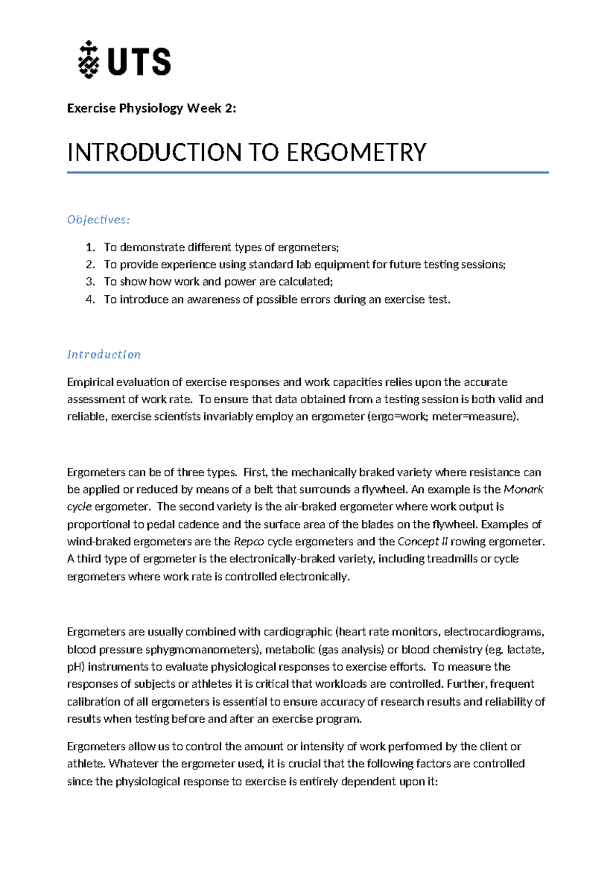 Exercise Physiology (Week 2): Ergometry, Work, and Power Measurement ...