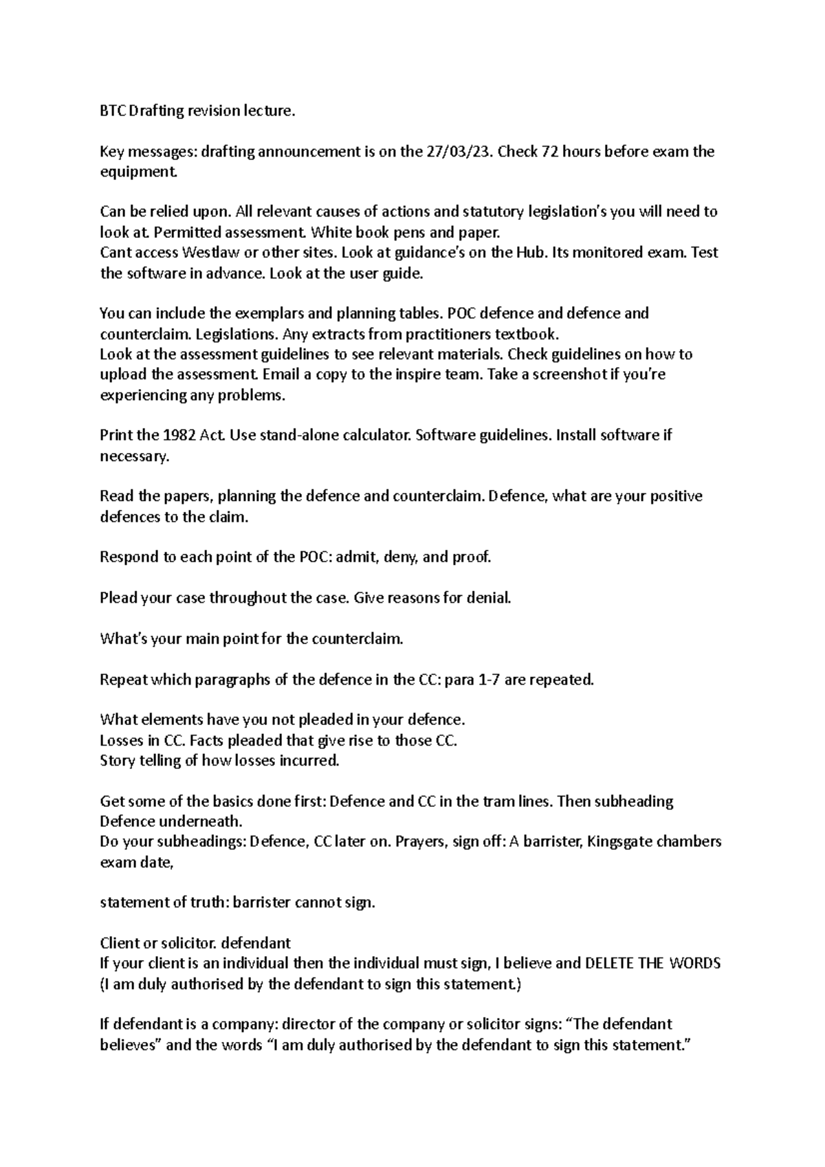 BTC Drafting Revision Lecture Notes for Exam Preparation - Studocu