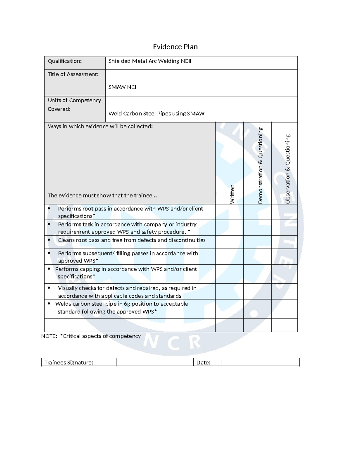 SMAW NCI Assessment: Evidence Plan for Shielded Metal Arc Welding - Studocu
