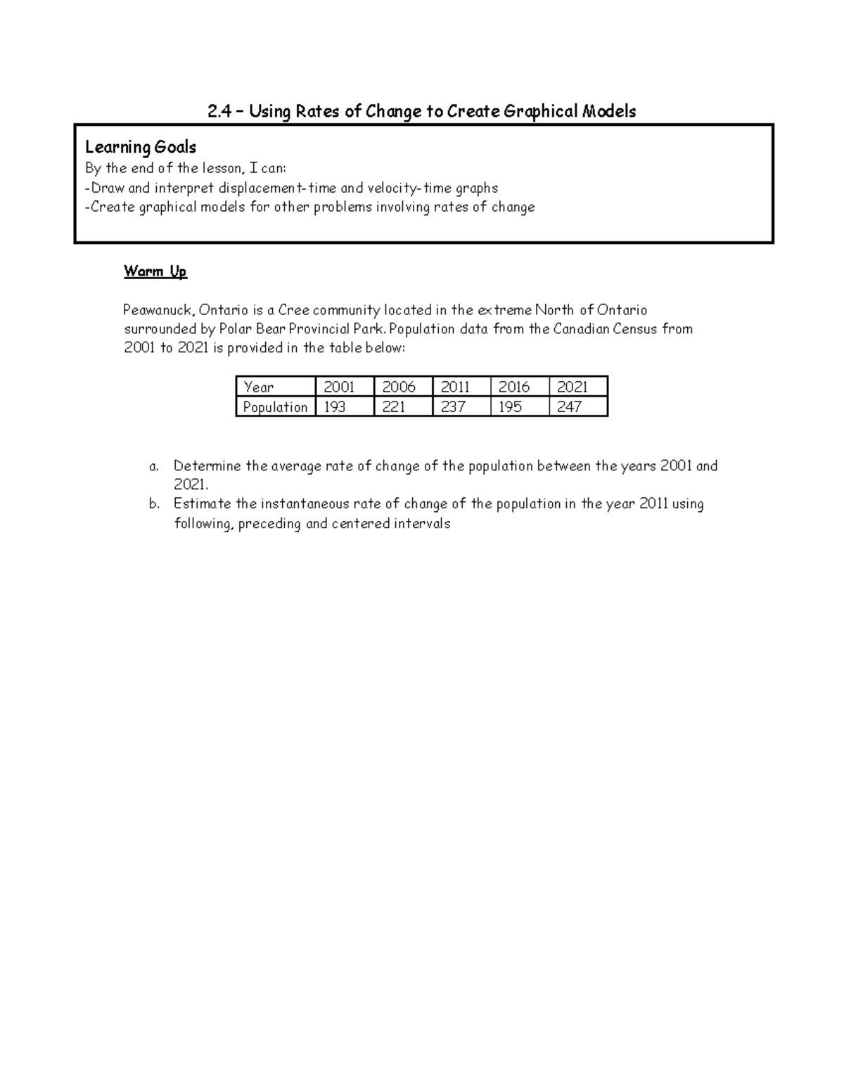 Lesson 2.4 - Graphical Models and Rates of Change - 2. 4 – Using Rates ...