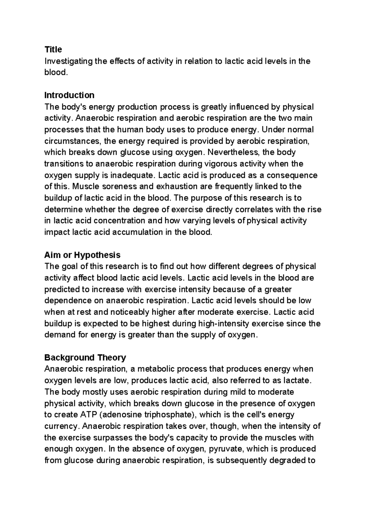 Investigating Activity's Impact on Blood Lactic Acid Levels - BIO101 ...