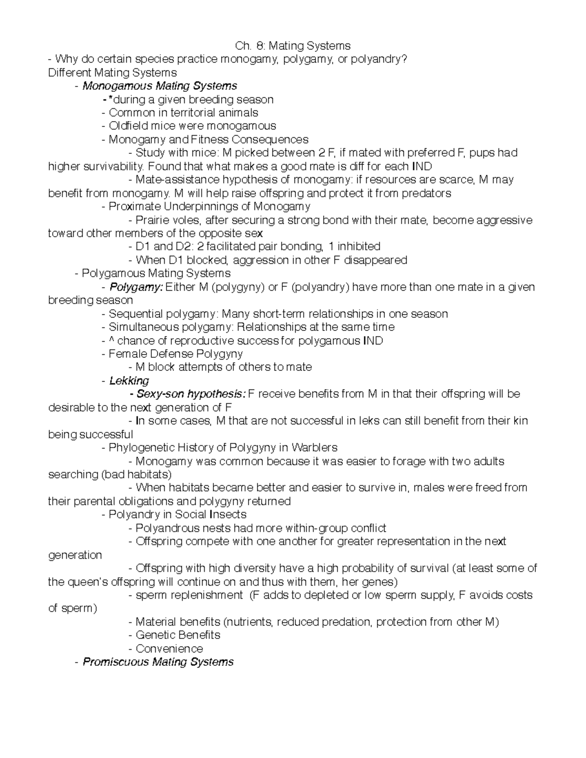 Ch. 8: Summary of Mating Systems in Animal Behavior Principles - Studocu