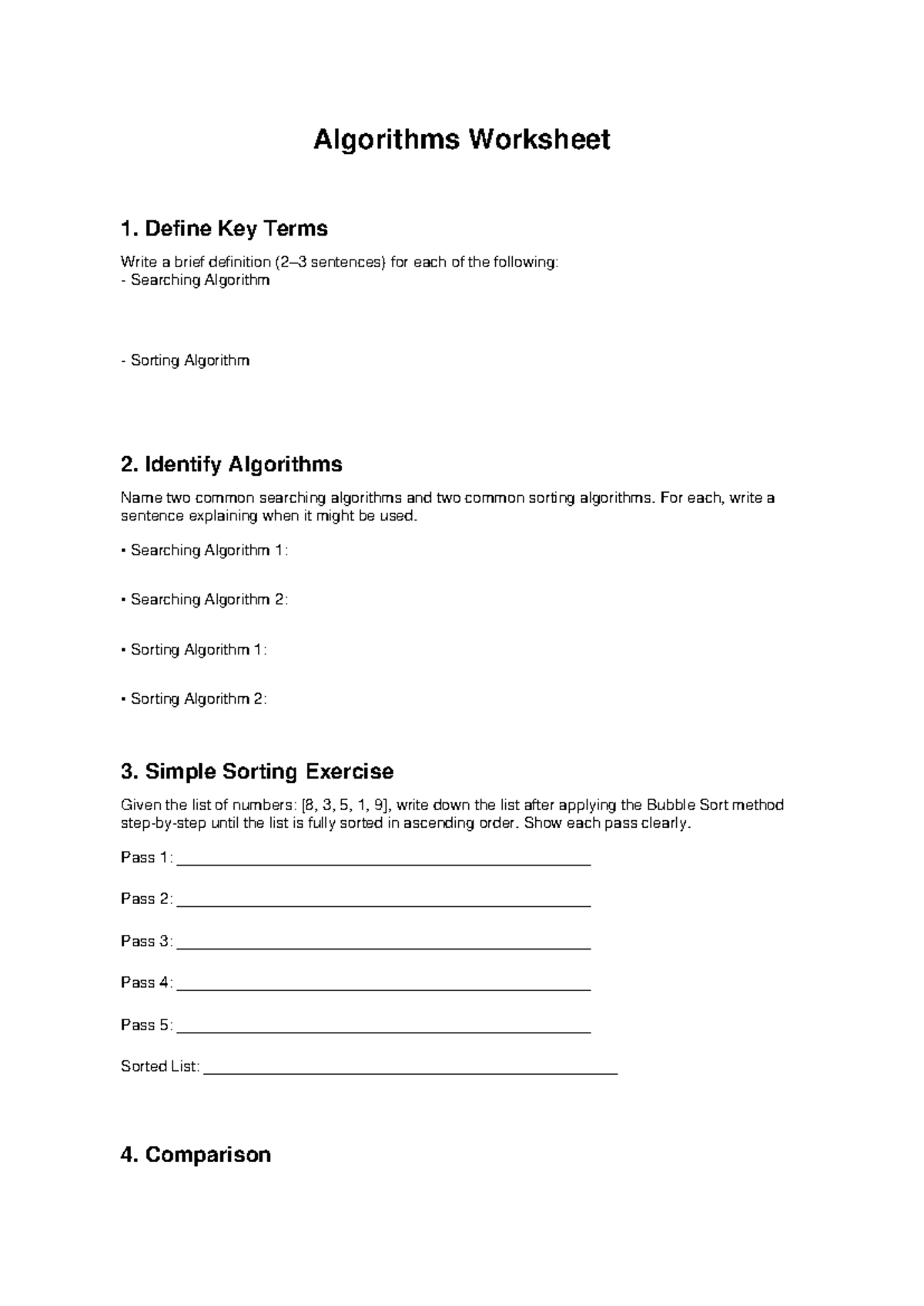 Algorithms Worksheet 1: Key Terms & Exercises on Searching and Sorting - Studocu