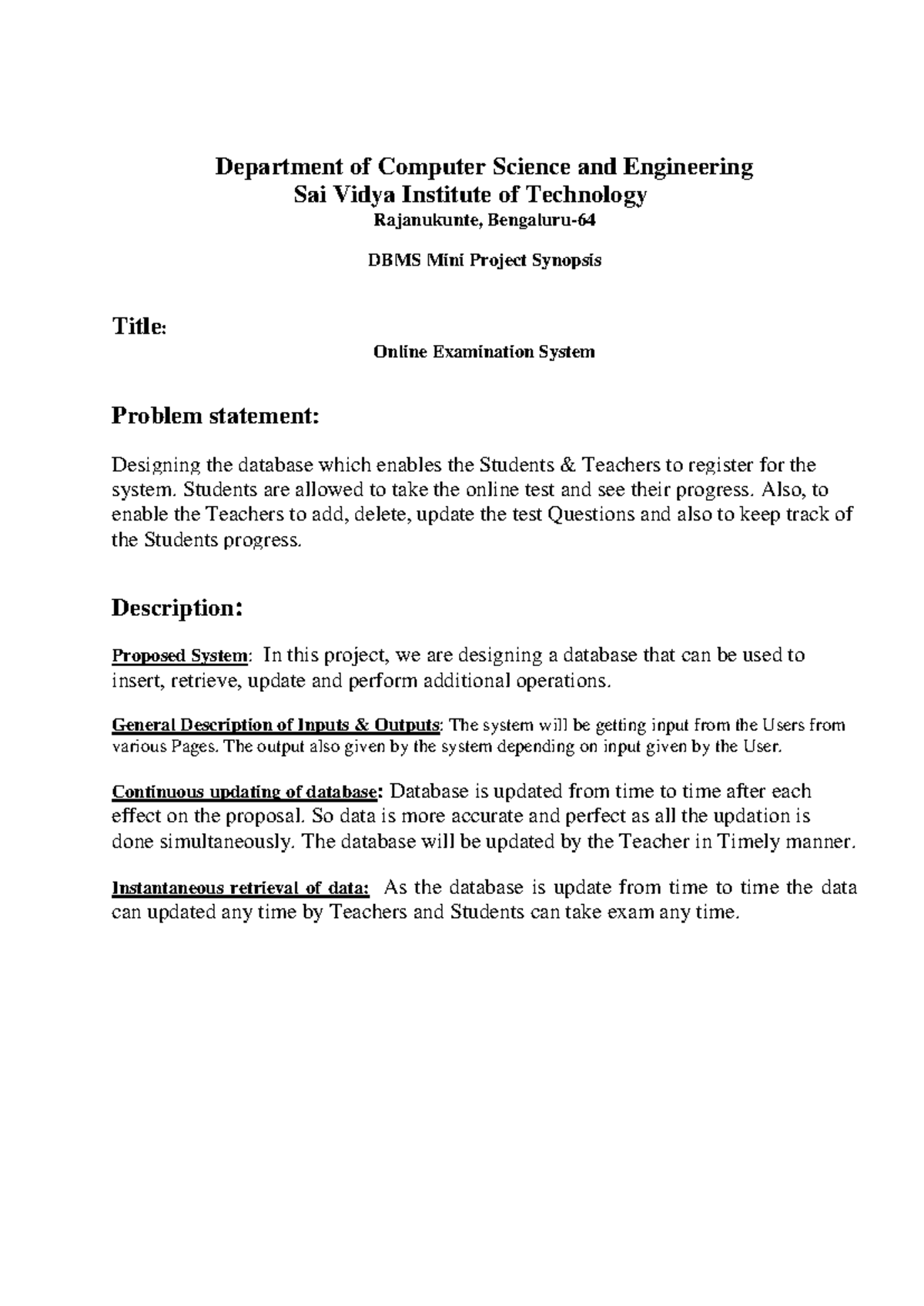 Mini Project Synopsis: Online Exam System for DBMS Course - Studocu