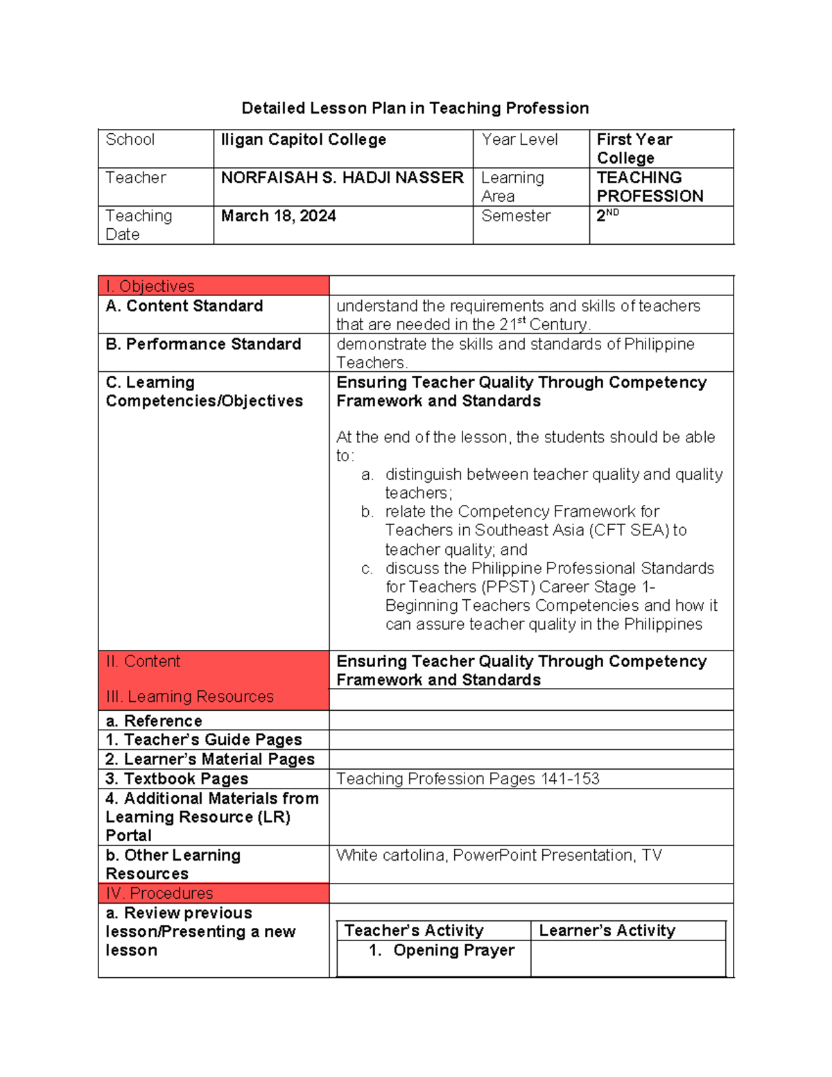 BSED-ENGLISH Detailed Lesson Plan: Ensuring Teacher Quality Standards ...