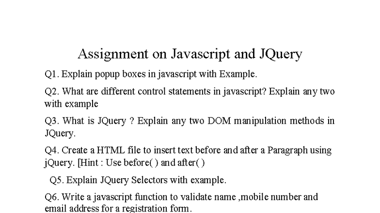 Assignment on JavaScript & jQuery: Key Concepts & Examples - Studocu