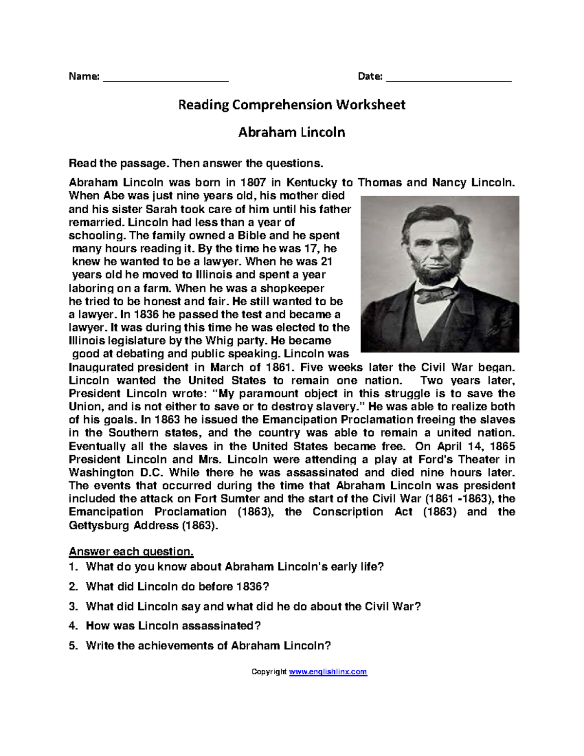 6th-Grade Abraham Lincoln - Reading Comprehension Worksheet - Studocu