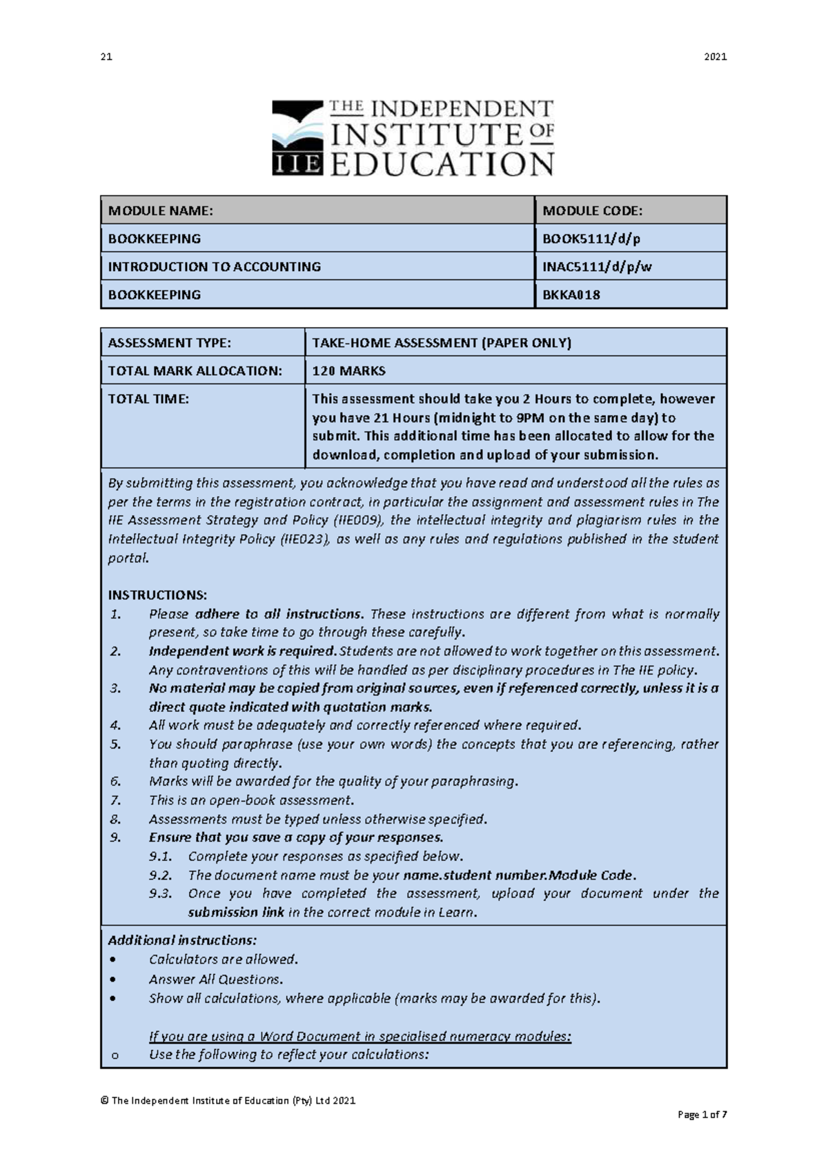 BOOK5111Ee - Bookkeeping Introduction to Accounting Past Paper - Studocu