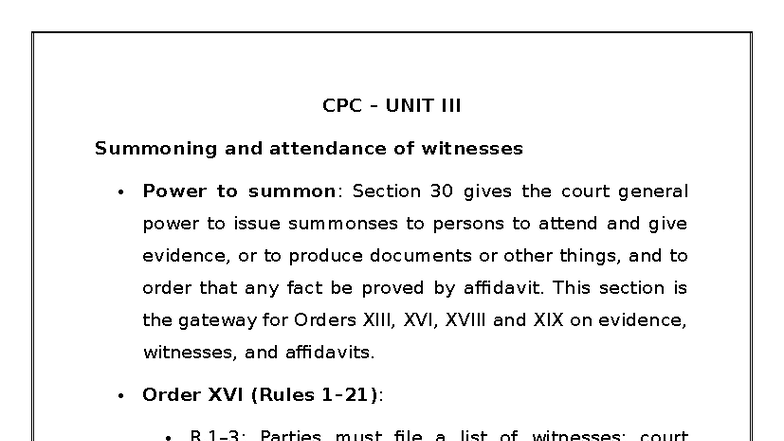CPC UNIT 3 - Key Notes on Summoning, Evidence, and Costs - Studocu