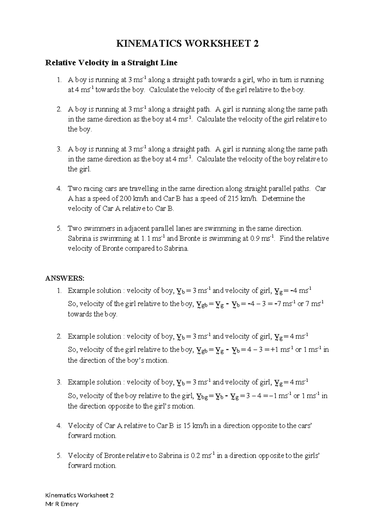KIN 101 Kinematics Worksheet 2: Relative Velocity Problems - Studocu