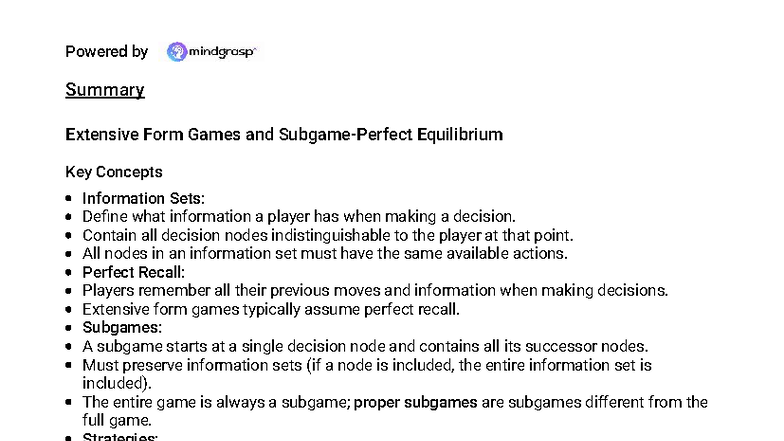 Short Summary of Extensive Form Games (ECO 101) - Studocu