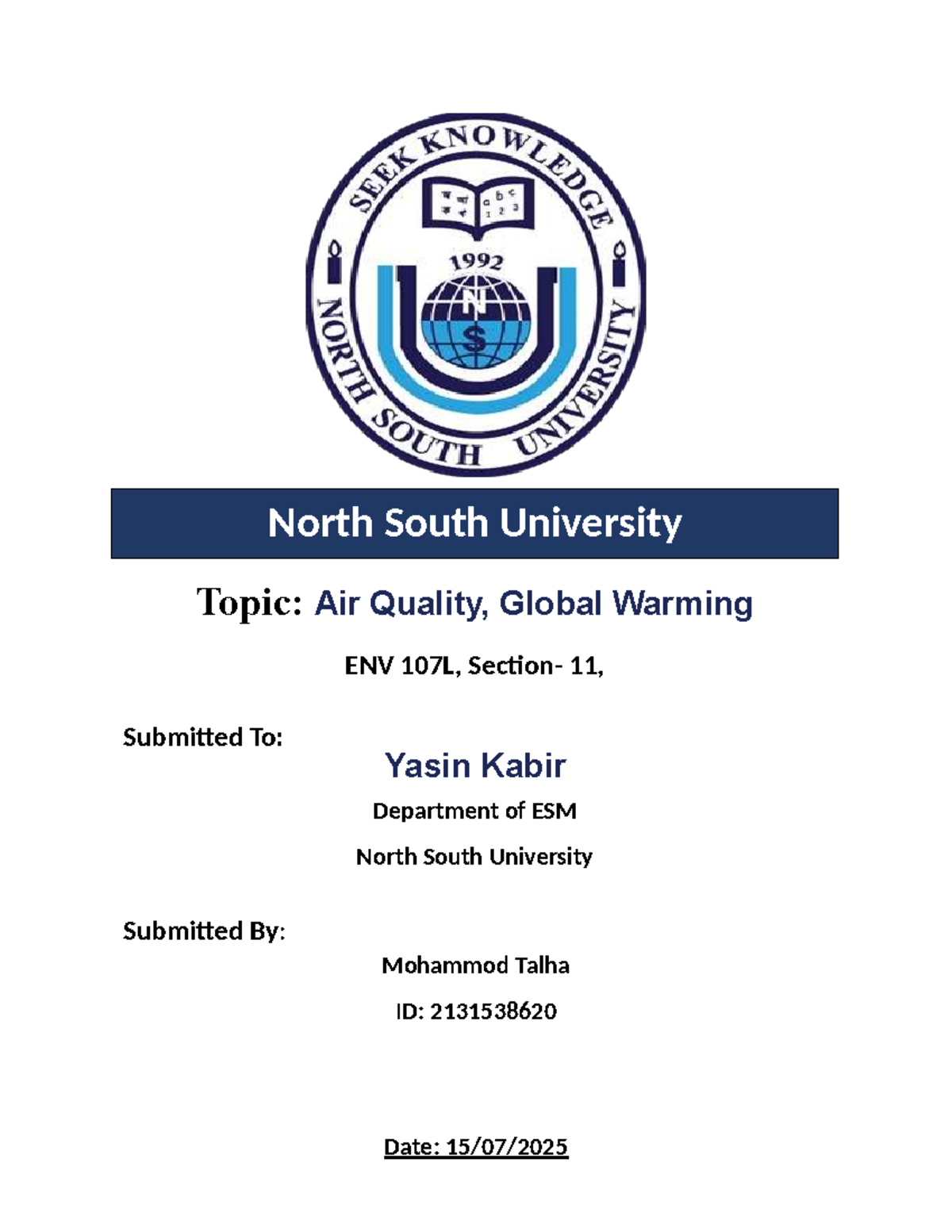 ENV 107: Air Quality & Global Warming Lab Report by Talha (ID ...