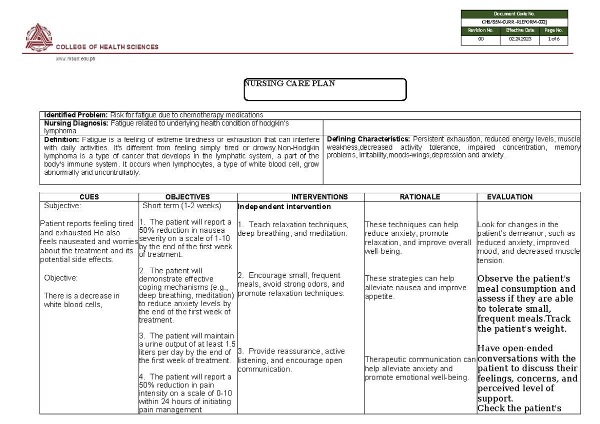 NURSING CARE PLAN (NCP 1) for Chemotherapy: Managing Fatigue Risks ...