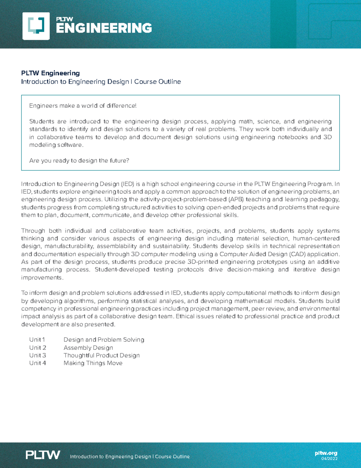 PLTW IED Course Outline: Engineering Design Process & Skills - Studocu