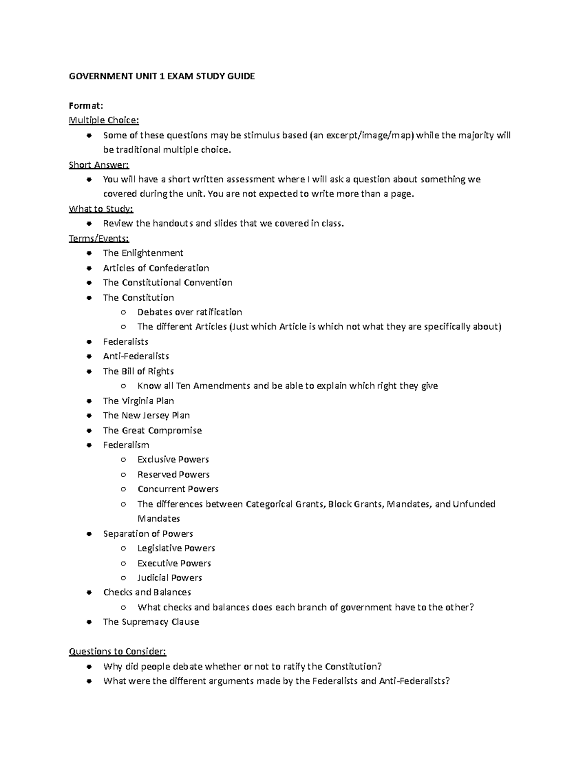 Government Unit 1 Exam Study Guide: Constitution, Federalism & Rights ...