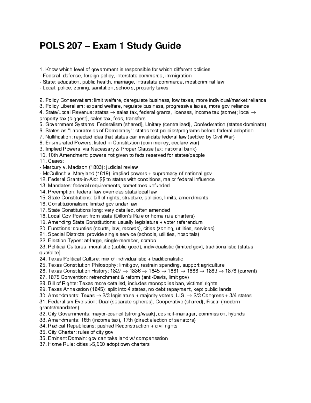 POLS 207 – Exam 1 Study Guide: Government Levels & Key Policies - Studocu