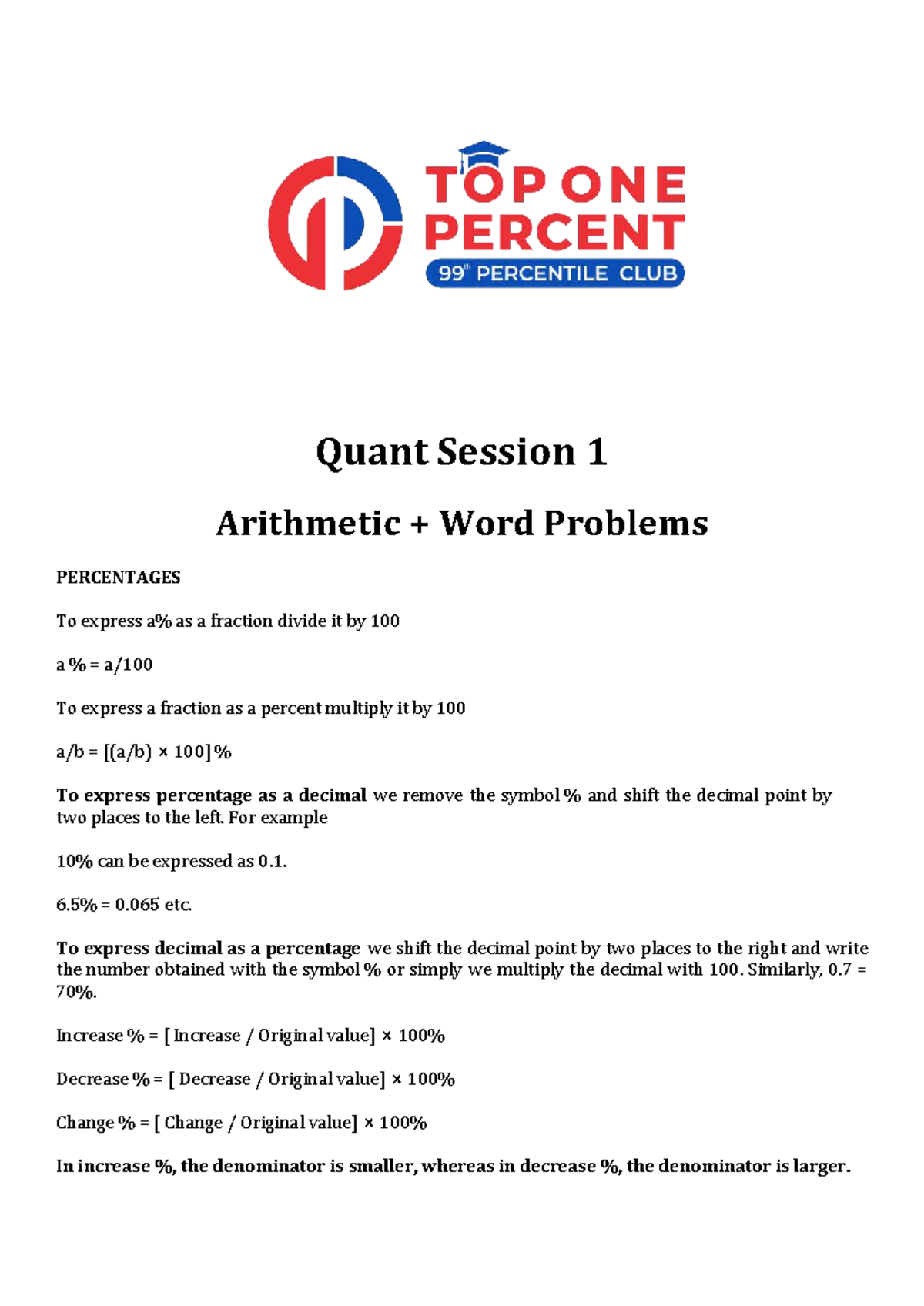 T.O.P. Quant Session 1: Arithmetic & Word Problems on Percentages - Studocu