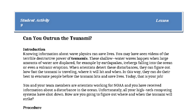 NOAA Waves Assignment: Student Activity 9 - Tsunami Physics Lesson ...