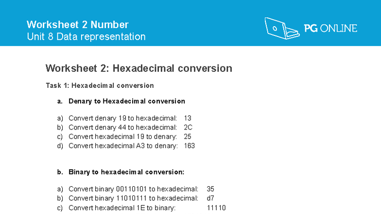 Data Representation Worksheet 2: Hex & Binary Conversions for GCSE ...